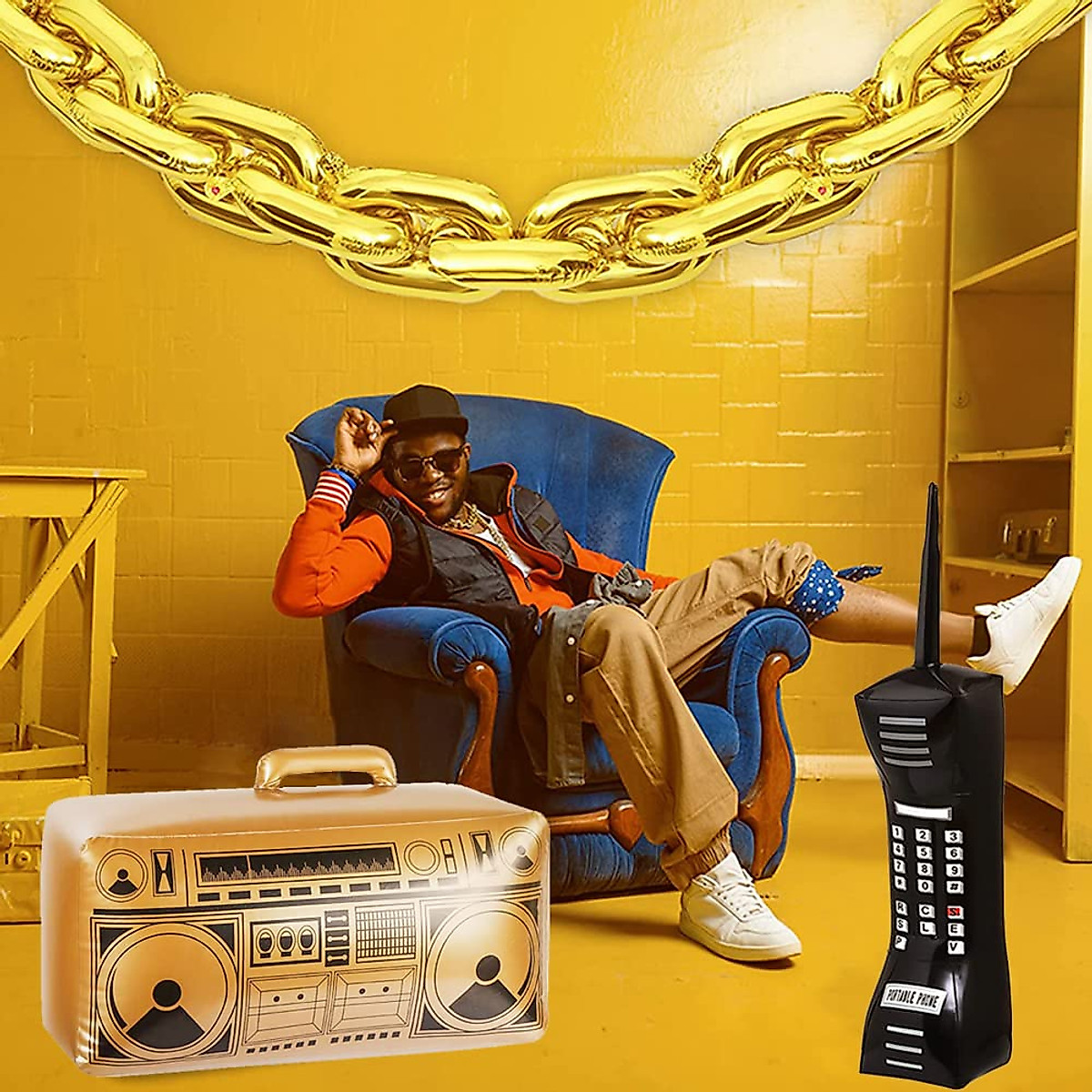 AYRXG 26 Pieces 80s 90s Party Decorations Inflatable Radio Boombox Inflatable Mobile Phone 16 Inch Gold Inflatable Foil Chain Balloons for Cosplay Props Hip Hop Theme Birthdays Weddings Graduations