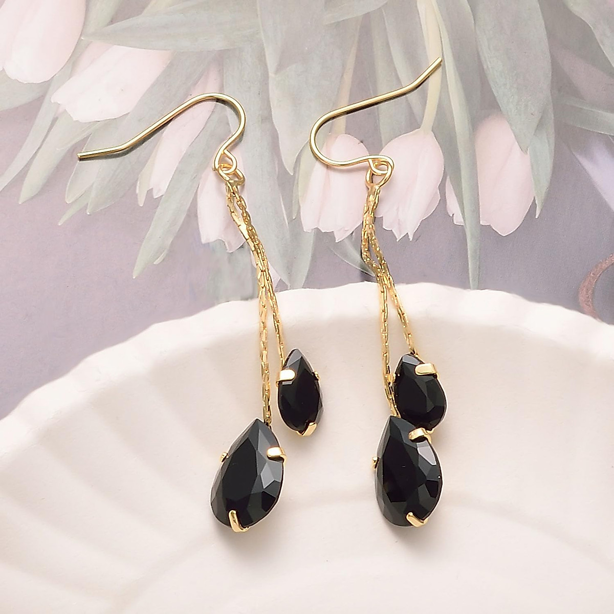 Vissen Black Cubic Zirconia Drop Dangle Chain Earrings for Women Dainty Gold Plated CZ Long Dangling Earrings