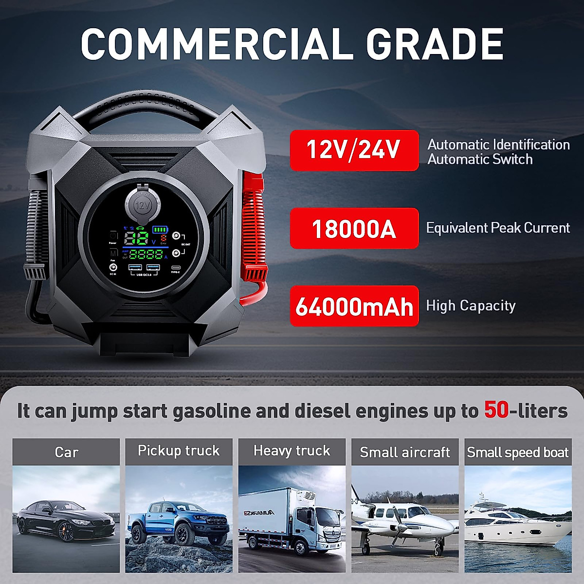 YULU CAT-797 Ultra-Powerful Jump Starter - 18000A 12V/24V Battery Booster Pack with Commercial Jumper Cables, Portable and Safe for Gasoline and Diesel Engines up to 50-Liters