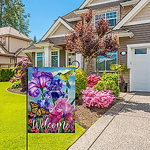 Hzppyz Welcome Spring Hummingbird Iris Garden Flag Double Sided, Purple Flower Bird Yellow Butterfly Decorative House Yard Outdoor Small Decor, Summer Floral Arrangement Home Outside Decoration 12x18