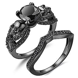 Gothic jewelry Skull Rings Halloween Punk Engagement Black Rings for Women Vampire Accessories Christmas Gifts (Round-Black, 8)