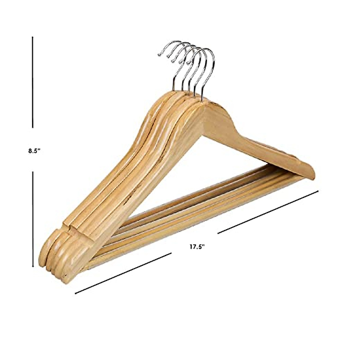 Home Basics 5 Pack Wooden Non-Slip Suit Hangers with Pants Bar – Smooth Finish Solid Wood Coat Hanger 360° Swivel Hook and Cut Notches for Jacket, Pant, Dress Clothes Hangers (Natural)