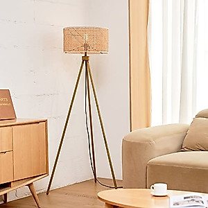 Globe Electric 65914 60" Floor Lamp, Faux Wood Tripod Base, Rattan Shade, On/Off Rotary Switch on Socket