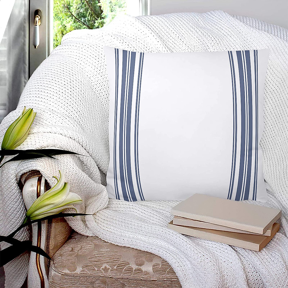 Roses Garden Decorative Throw Pillow Cover Blue and White Stripe Pillow Case Square Cushion Cover Super Soft Brushed Fabric Pillowcase for Home Couch Sofa Bed, 16" x 16"