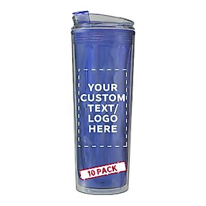 Personalized 20 oz. Double Wall Plastic Travel Mugs - 10 Pack - Custom Text, Logo - Blue