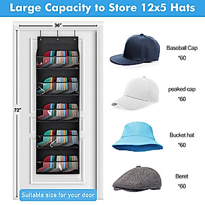 AROUY Hat Rack for Door-Hat Organizer for Baseball Caps-Baseball Hat Storage Organizer Clear Deep Pockets for Hanging in Closet or on Wall, 5 Tiers, Holds At Least 60 Hats, with 3 Hooks