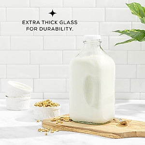 Glass Milk Bottle with Lid AND Pourer Multi-Pack. 64 Oz Reusable Glass Bottles with 6 Lids! Glass Milk Jug Pitcher, Buttermilk, Water or Juice Bottles with Caps, Syrup, Honey or Sauce Container