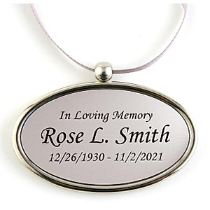 Hanging Silver Oval Personalized Pendant For Cremation Urns That Can’t Be Engraved - Includes Silver Satin Ribbon - Made of Solid Brass - Silver Tone Finish with Black Engraving