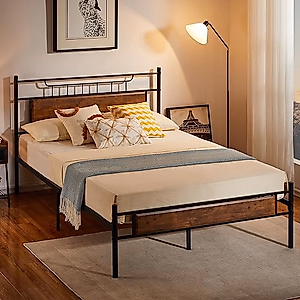 VECELO Queen Size Bed Frame with Wood Headboard, Strong Metal Slats Support for Platform,No Box Spring Needed,Easy Assembly,Rustic Brown