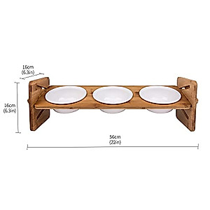 HATELI Elevated Adjustable Raised Dog Cat Ceramic Bowls, Small Dog 15° Tilted Raised Food Feeding Dishes, Solid Bamboo Water Stand Feeder Set for Cats and Puppy(3 Bowl)