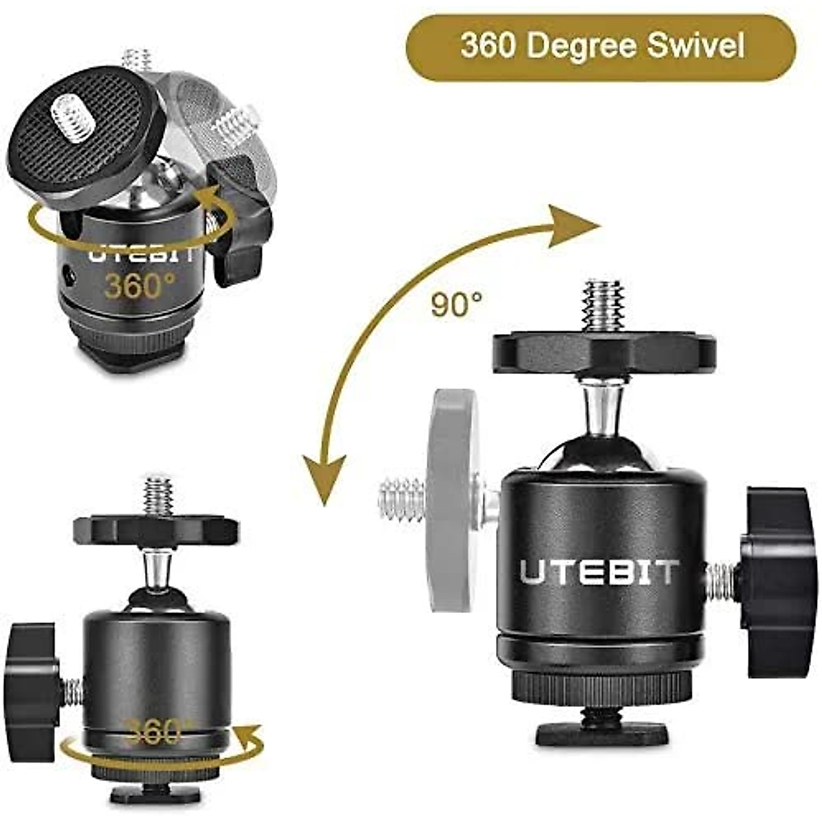 UTEBIT 2 Pack Mini Ball Head with 1/4" Hot Shoe Mount Adapter Max Load 5.5lb 360° Swivel Tripod Ball Head for DSLR Camera Camcorder, Light Bracket