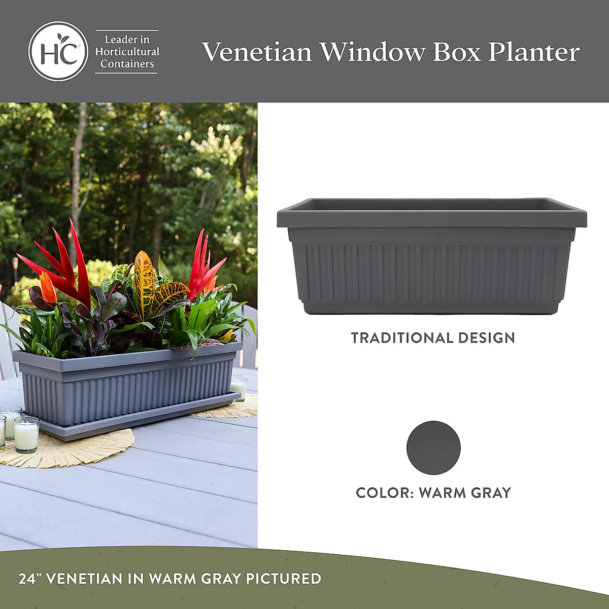 The HC Companies 30 Inch Venetian Rectangular Window Planter Box - Lightweight Plastic Indoor Outdoor Plant Pot with Drainage for Windowsill, Herbs, Flowers, Warm Gray