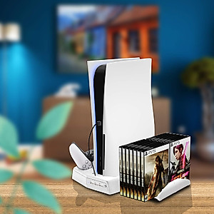 HEATFUN PlayStation 5 Charger, PS5 Stand with Cooling Fan and Controller Charger, Vertical Stand for PS5 Disc & Digital Editions, PS5 Stand with USB Ports and Game Rack - White