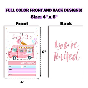 Ice Cream Truck Birthday Party Invitations is a Sweet One 1st Birthday Party Invitation, Summer Ice Cream Theme Fill in Invites Cards, Birthday Party Supplies, 20 Invitations with Envelopes - JY700