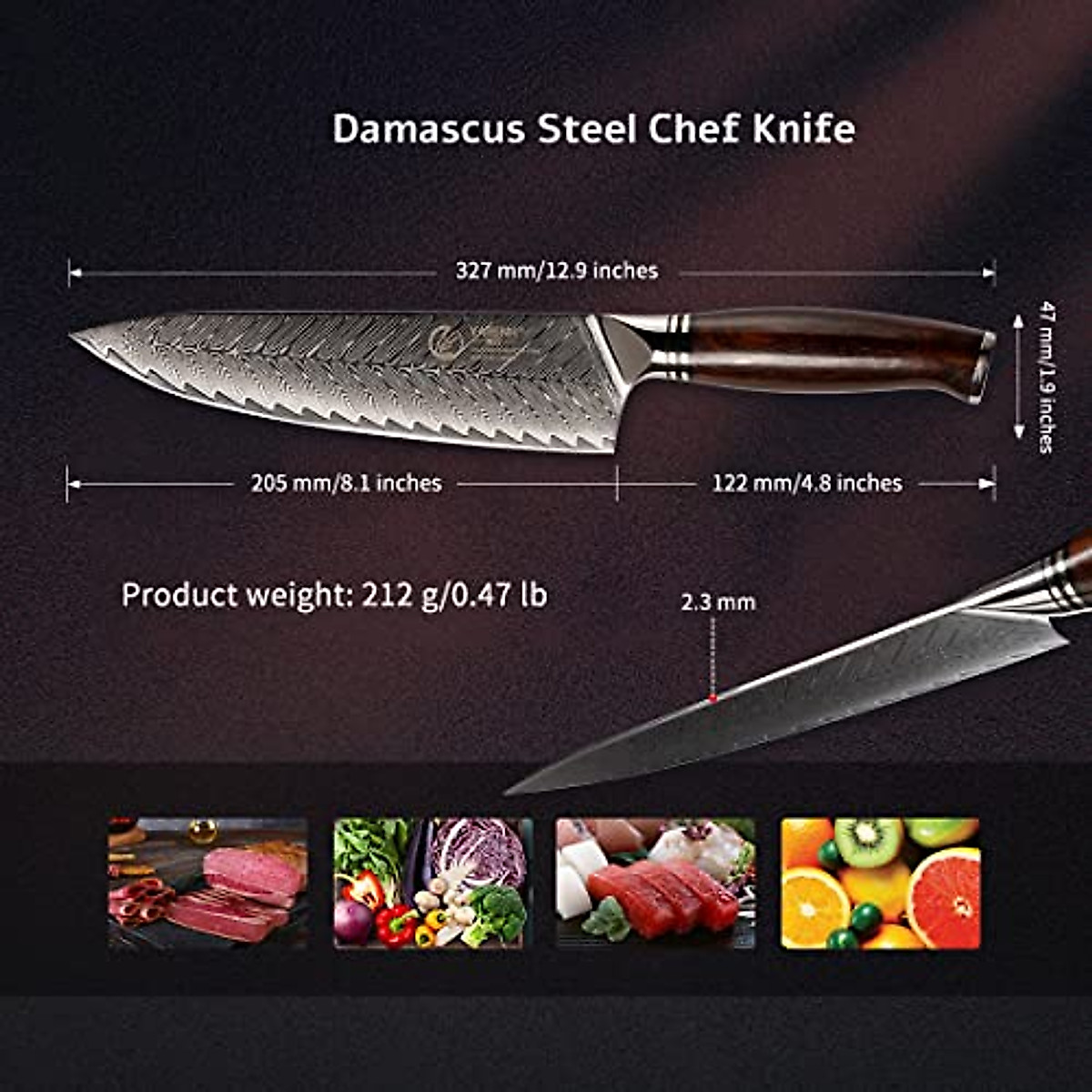 YARENH Damascus Chef Knife 8 Inch with Sheath, Professional Kitchen Knife, 73 Layers Japanese Damascus High Carbon Steel, Full Tang Sandalwood Handle, FYW Series