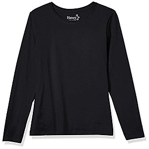 Hanes Women's Originals Long Sleeve Cotton T-Shirt, Lightweight Crewneck Tee, Modern Fit, Ebony, Small