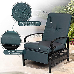 Oakcloud Adjustable Outdoor Lounge Chair Metal Patio Relaxing Recliner Chair Set with Bistro Table and Removable Cushions(Peacock Blue)