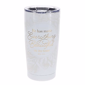 Christian Art Gifts Large Travel Tumbler for Women Stainless Steel Vacuum Insulated Inspirational Scripture: Everything Beautiful, Retractable Lid, Ivory White Floral, 18 oz.