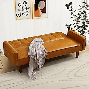 IULULU Futon Sofa Bed, Modern Convertible Faux Leather Sleeper Couch with Armrests for Studio, Office, Apartment, Compact Living, Game Room, Overnight Guests, Brown