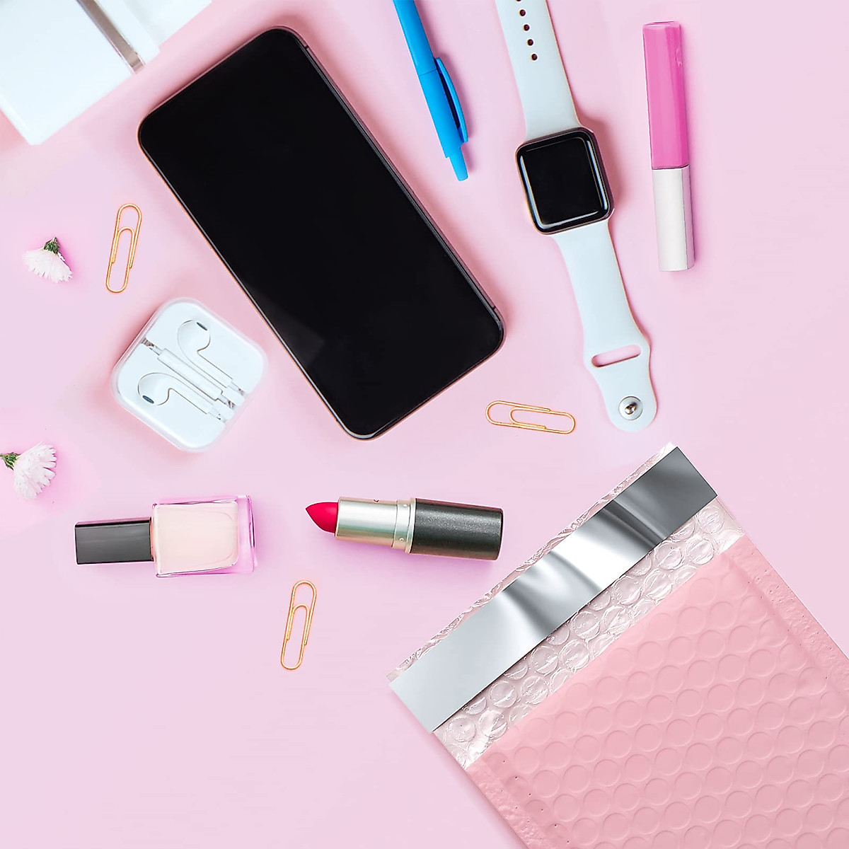 Metronic 4x8 Inch Bubble Mailer 50 Pack, Waterproof Self Seal Adhesive Shipping Bags, Cushioning Padded Envelopes for Shipping, Mailing, Packaging, Sakura Pink Bulk #000