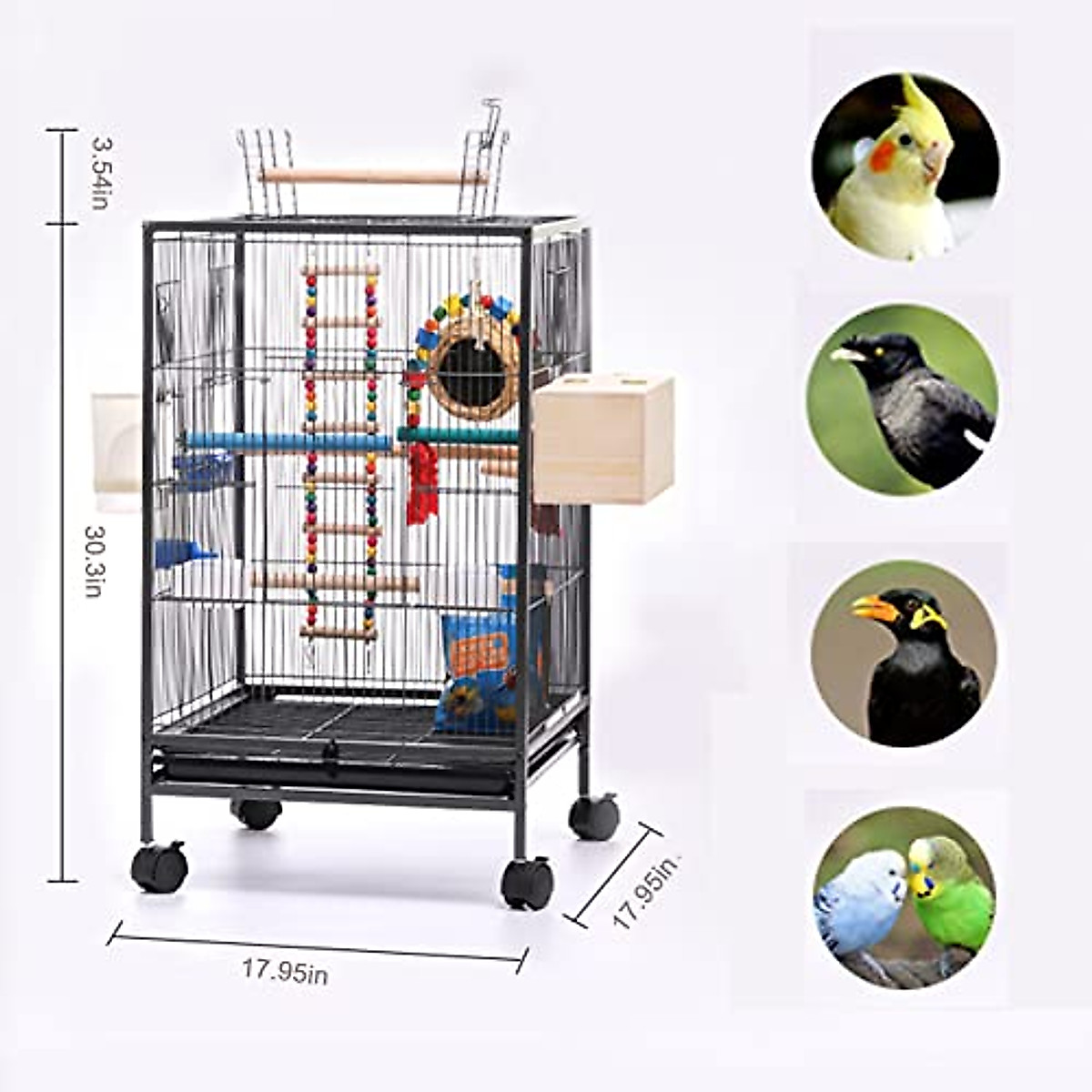 33 Inch Wrought Iron Bird Cage with with Play Open Top and Rolling Stand for Mid-Sized Parrots Cockatiels Sun Parakeets Green Cheek Conures (White)