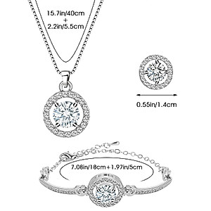Crystal Jewelry Set for Women Silver Cubic Zirconia CZ Jewellery Bridal Pendant Necklace Bracelet Earrings Set for Wedding Bride Bridesmaids Jewelry Set