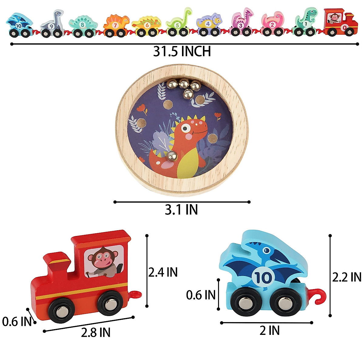Toddler Dino Train Toys Dinosaur Number Train Set, Montessori Wooden Number Learning Cars with Handheld Balance Gift for Boys Girls, fit with Major Brands Wooden Tracks…