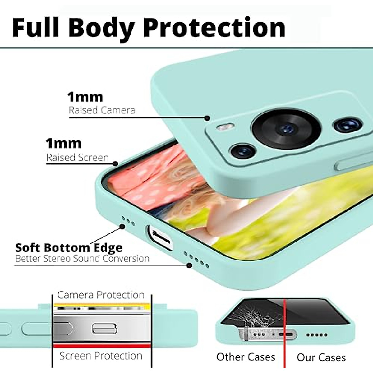 Tiwinxing Compatible with Huawei P60 Pro Case for Women Men, Ultra Slim Huawei P60 Pro Phone Case Silicone Liquid Soft Shockproof Anti-Scratch Protective Cases (Light Cyan)