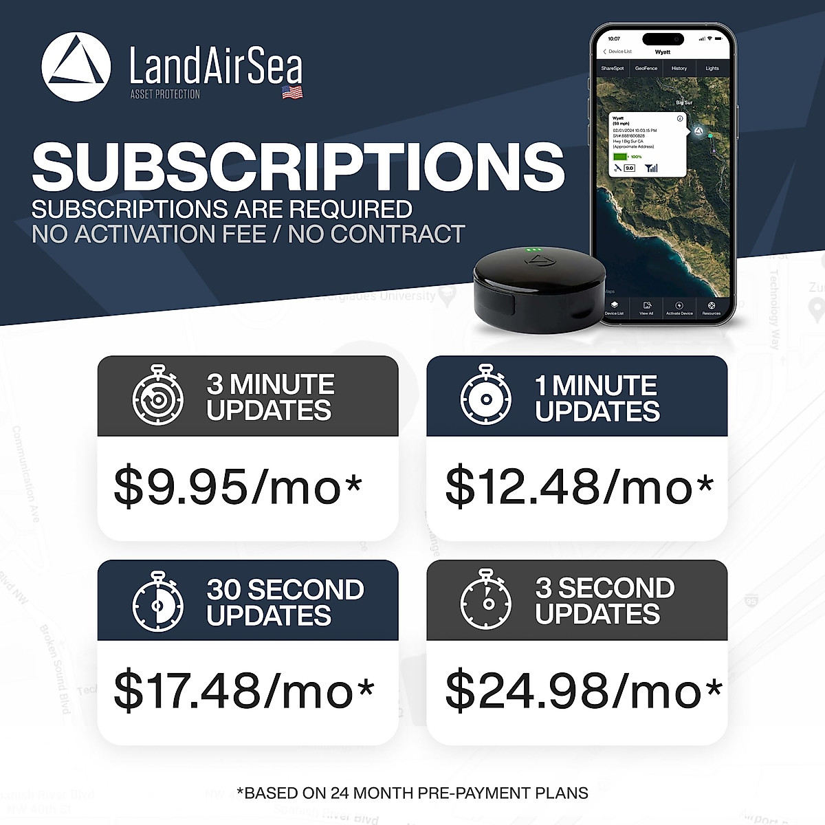 LandAirSea 54 GPS Tracker (Premium Edition) - Long Battery, Magnetic, & Waterproof. Global GPS Tracker for Vehicles. Made in The USA from Domestic & Imported Parts. Subscription is Required.