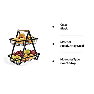 DEFLECTAIR 2-Tier Countertop Fruit Basket Fruit Bowl Bread Basket Vegetable Holder for Kitchen Storage, Black