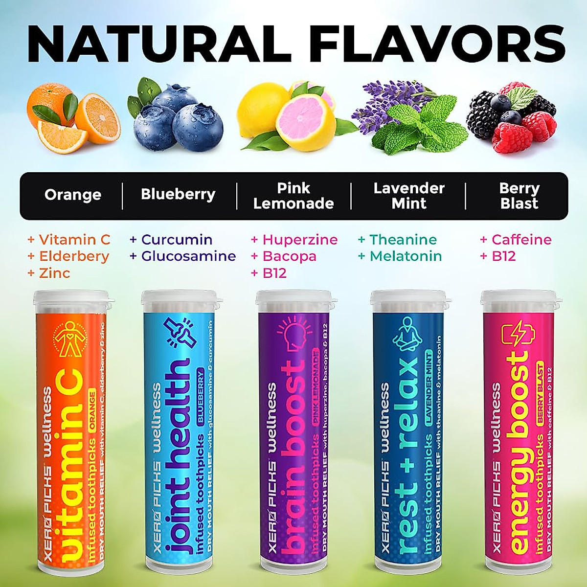 Xero Picks Wellness - Flavored Toothpicks -100 Picks-Variety 5 Pack-Curcumin, Glucosamine, Huperzine, Bacopa, B12, Elderberry, Vitamin C, Zinc, B6, Melatonin, Theanine