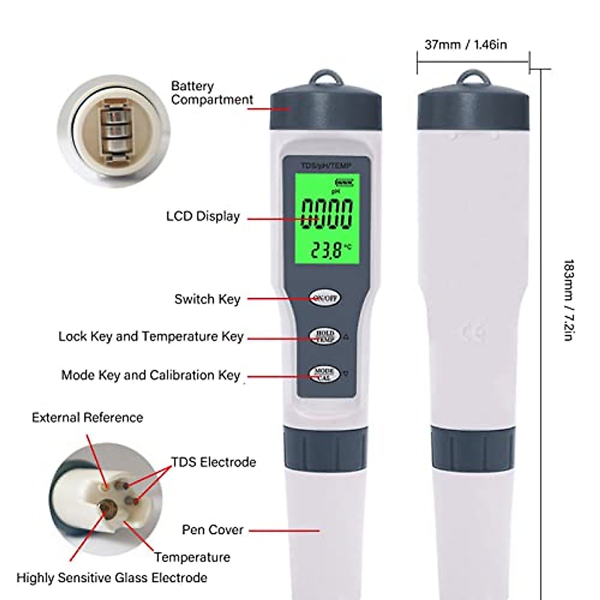 Water Quality Tester Tool, Temp PH Meter 3 in 1 Portable Auto Calibration Wide Test Range for Pool