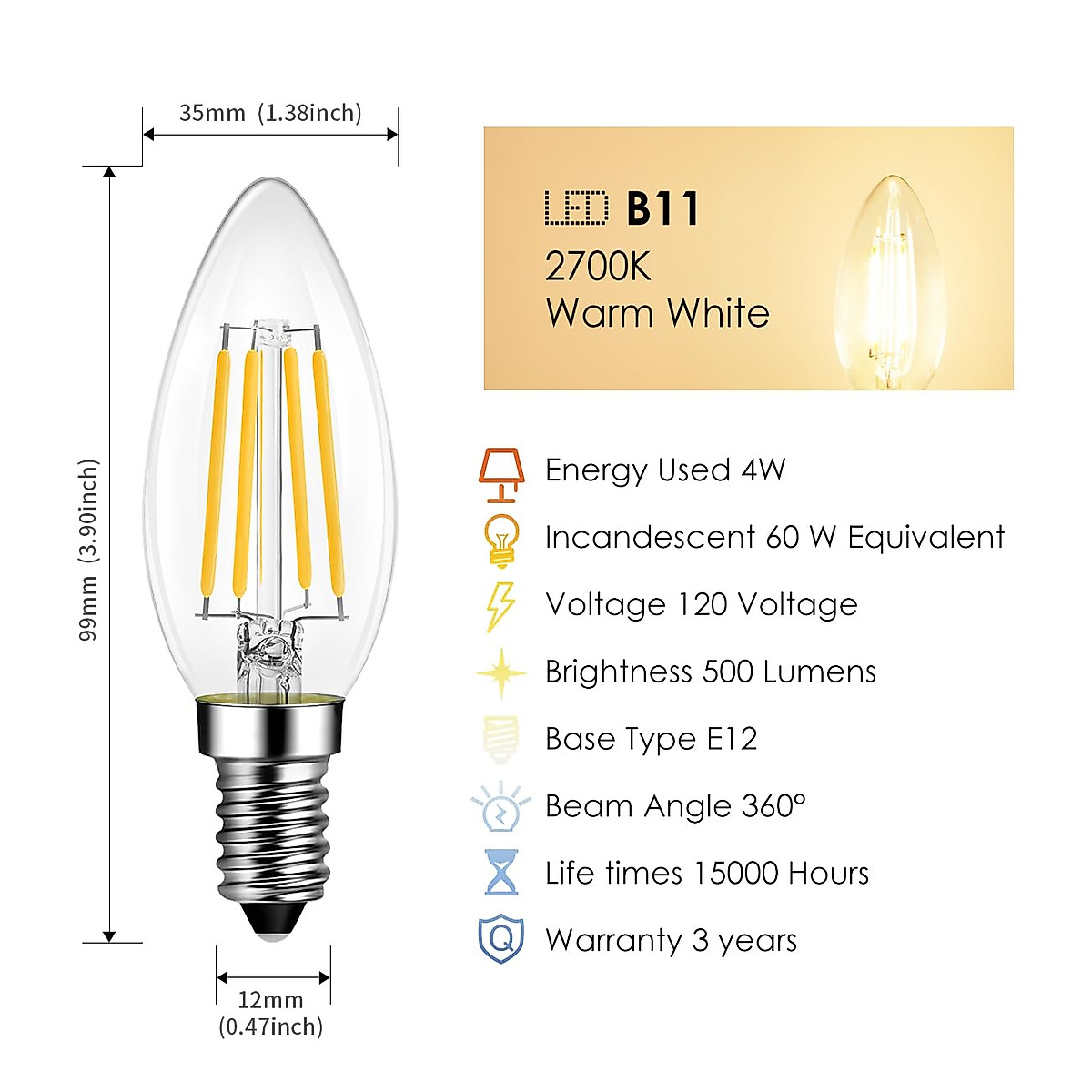 LVWIT B11 LED Edison Filament Bulb Non-Dimmable 5.5W(60 Watt Equivalent), E12 Candelabra Base 2700K Warm White Candle Light Bulb, UL-Listed (6 Pack)