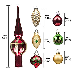 KINGYEE Miniature Ornaments and Tree Topper Christmas Mini Glass Tree Decorations Set of 15 for Tabletop Desktop Tree Wedding Centerpiece (Red Gold Green)