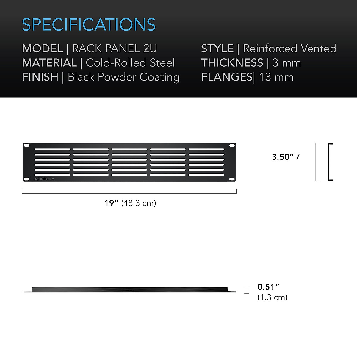 AC Infinity Rack Panel Accessory Vented 2U Space for 19" Rackmount, Heavy-Duty 3mm Gauge Steel, Black