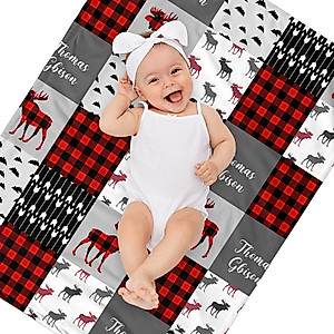 Woodland Deer Personalized Baby Blankets - Customized Name Nursery Soft Plush Minky Blankets for Girls Kids, Red Plaid Design Swadding Blankets Nursery Stroller Crib Receiving Blankets Infant Newborn