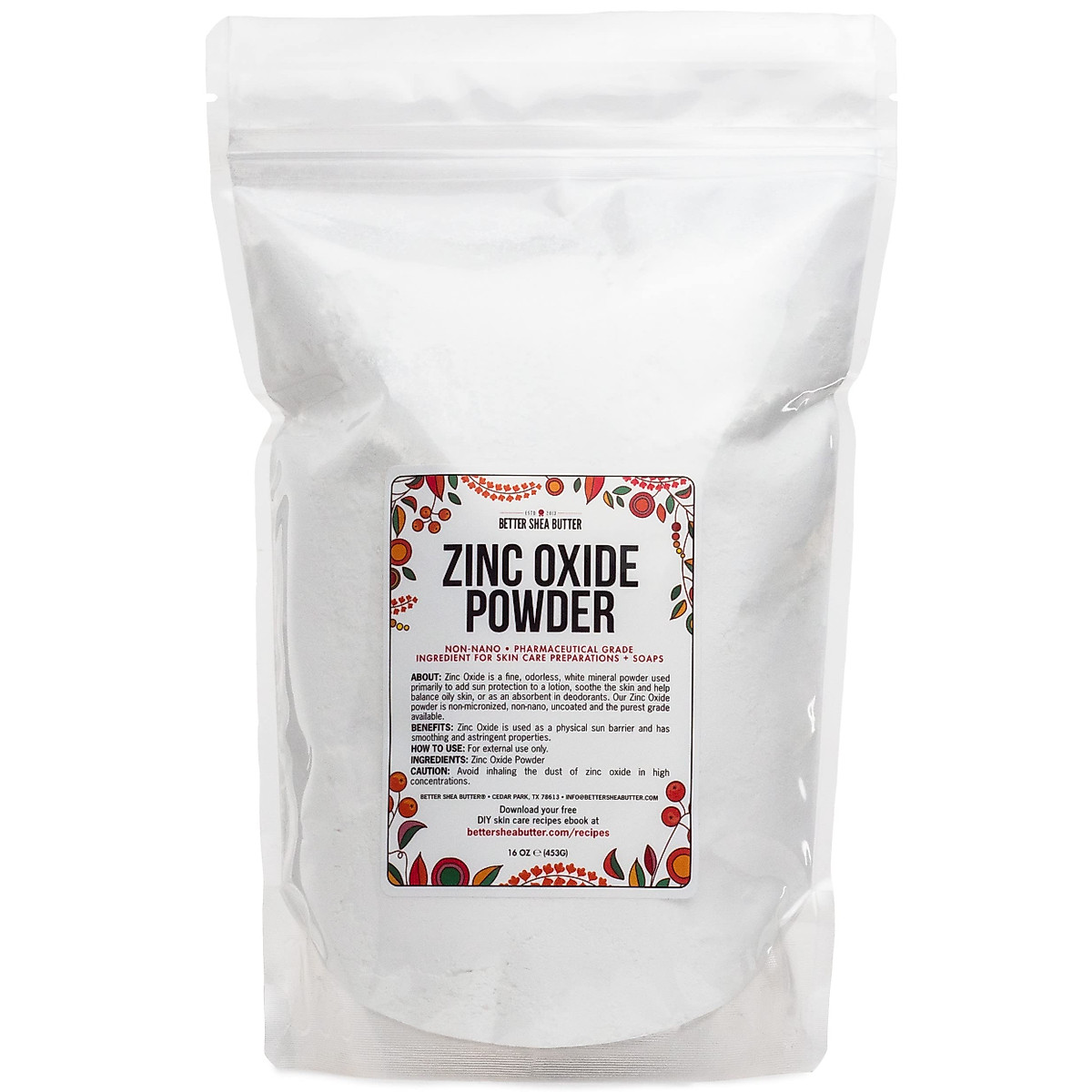 Zinc Oxide Powder | Uncoated, Non Nano Zinc Oxide | Pure, Pharmaceutical Grade | Use in Homemade Sunscreen Lotion | Diaper Rash Cream, Deodorant DIY, Zinc Oxide Ointment | 1 LB by Better Shea Butter