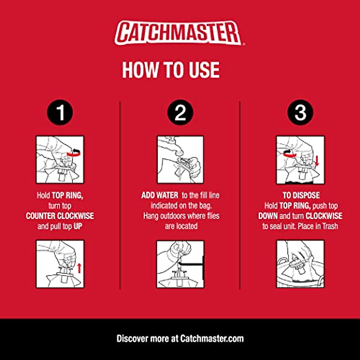 Pro Series Disposable Fly Bag Trap by Catchmaster - Bulk Pack of 2 Bait Included, Ready to Use Outdoors. XL Leak Proof Long-Lasting Easy Cleanup Water Hang Unscrew Simple Environment Non-Toxic