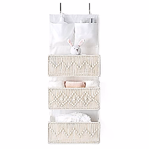 Mkono Macrame Over The Door Organizer Boho Decor Baby Nursery Storage with 3 Large Woven Pockets Wall Mount Hanging Behind Door for Bathroom, Bedroom, Closet, Dorm