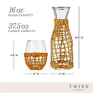 Twine Island Wine Glasses with Carafe, Stemless Glassware with Seagrass Wrap for Night Stand, Dishwasher Safe, 16 Oz, 37.5 Oz, Set of 3, Set of 1, Beige