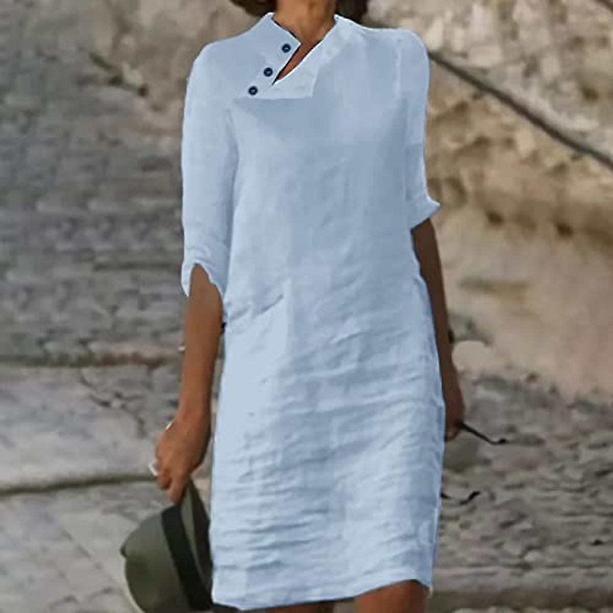 Women Half Sleeve Button Cotton Linen Dress Simple Solid Color Crewneck Loose Casual Fashion Beach Dresses