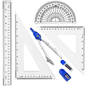Coopay 12 Inch Math Geometry Tool Plastic Ruler Set Includes Straight Ruler, Triangle Ruler, Protractor, Compass, Pencil Lead, Pencil Sharpener for Student School Home Office Supplies