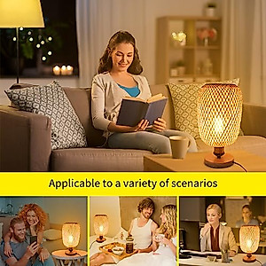 CACCISUN Bedside Table Lamp, Dimmable Rattan Lamp, Woven Table Lamp Boho Bedside Lamp, Handmade Desk Accent Lamp for Living Room End Tables, Kids Room, Bedroom, Dorm Decor