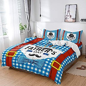 Happy Father's Day Duvet Cover Set Full,4 Pieces Black Hat with Beard Red Belt Bed Sheet Sets Soft Comforter Cover with Flat Sheet 2 Pillow Shams for Teen/Man/Woman/Toddler Blue Buffalo Checker
