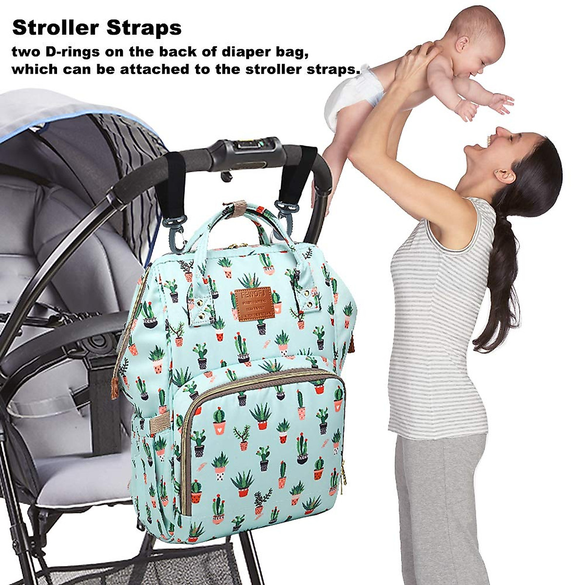 FEWOFJ Cactus Diaper Bag Backpack, Women Waterproof Travel Nappy Bag for Baby Care