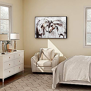 lamplig Horse Pictures Large Hand Painted Wall Art Oil Paintings Brown Animal Canvas Prints Farmhouse Wall Decor Horses Head to Head Artwork Stretched Black Frame for Bedroom Living Room 48x32 inch