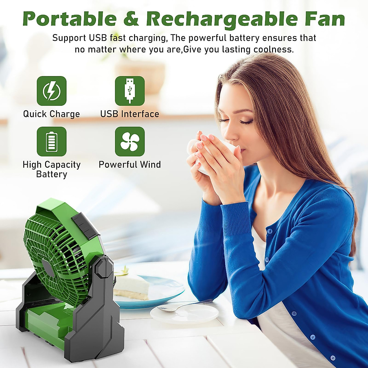 Camping Fan Rechargeable, 10400mAh Portable Battery Operated Camping Fan for Tents, Hangable USB Silent Camping Fans with LED Lantern, Suitable for Fishing, Camping, Bedroom, Workplace (Green)