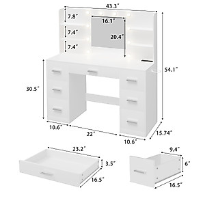 Furmax Vanity Desk with Mirror, LED Lights and Power Outlet Makeup Vanity Table with 7 Drawers and 6 Storage Shelves Dressing Table for Bedroom Dressing Room (White)