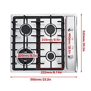 4 Burners Gas Stove Top, 23 inches Gas Cooktop, Stainless Steel Cooktop Cast Iron Grates Gas Stovetop with Thermocouple Protection and Easy to Clean