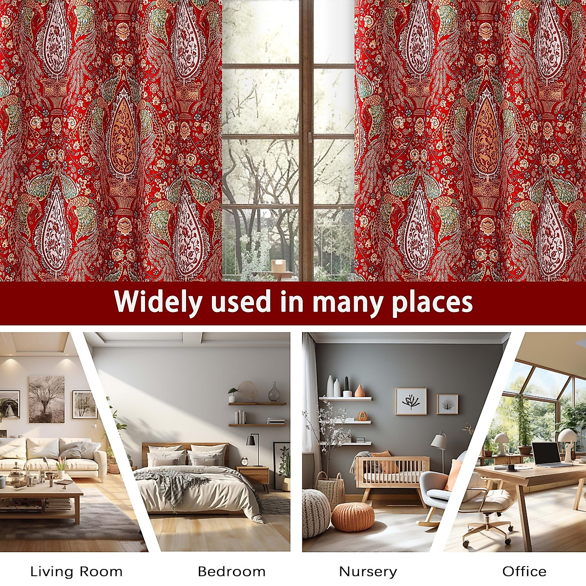 DriftAway Red Curtains for Bedroom 84 Inch Room Darkening Blackout Medallion Peacock Pattern for Living Room Window Drapes Grommet 2 Layers 2 Panels